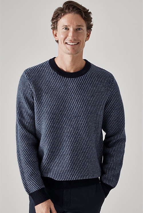 Navy Wool Cashmere Textured Pullover - MEN Knitwear | Trenery