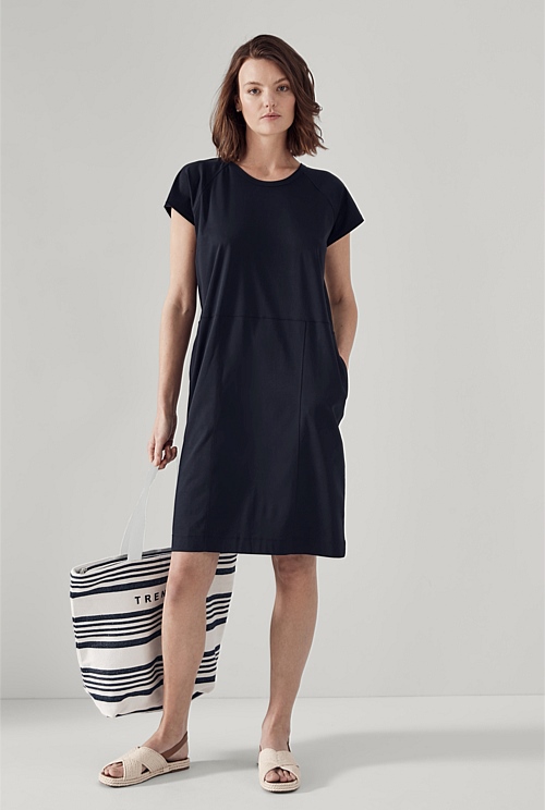 Night Sky Cotton Interlock Panel Detail Dress - WOMEN Dresses | Trenery