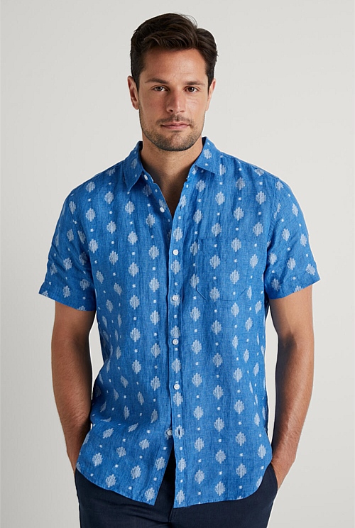 Delft Blue Regular Delave Linen Ikat Short Sleeve Shirt - MEN Shirts ...