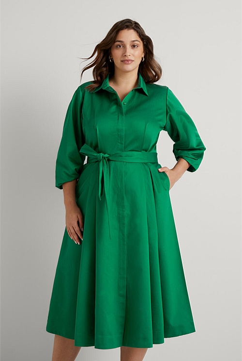 Amazon Green Cotton Linen Balloon Sleeve Dress - WOMEN Dresses | Trenery