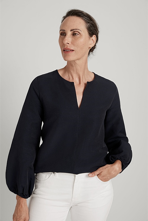 Night Sky Gathered Sleeve Vent Neck Top - WOMEN Shirts | Trenery