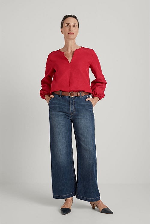 Red Gathered Sleeve Vent Neck Top - WOMEN Shirts | Trenery