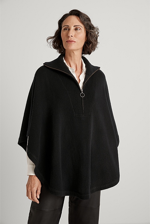 Black Wool Half Zip Poncho - WOMEN Hats, Scarves & Gloves | Trenery