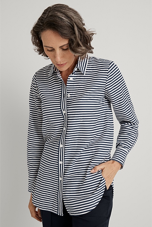 Night Sky Cotton Modal Longline Stripe Shirt - WOMEN Shirts | Trenery