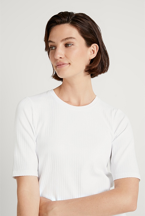 White Stretch Cotton Rib Half Sleeve T-shirt - WOMEN T-Shirts & Tops | Trenery