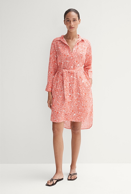 Chilli Red Linen Blend Solar Floral Shirt Dress - WOMEN Dresses | Trenery