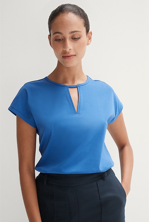 Cobalt Cotton Interlock Keyhole T-shirt - WOMEN T-Shirts & Tops | Trenery