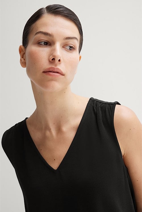 Black Textured Gathered Yoke Tank - WOMEN Shirts | Trenery