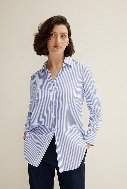 Delft Blue Cotton Modal Stripe Longline Shirt - WOMEN Shirts | Trenery
