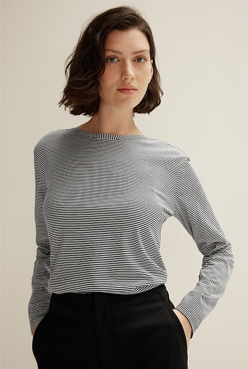 Night Sky Boat Neck Stripe Long Sleeve T-Shirt - WOMEN T-Shirts & Tops ...