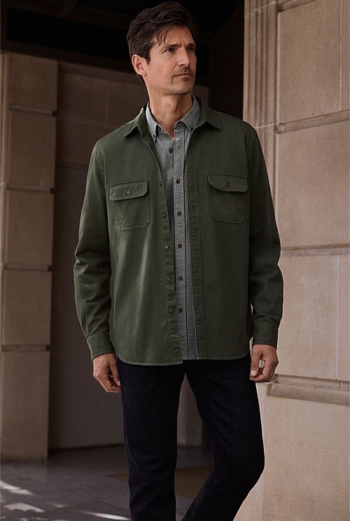 Olive Regular Fit Cotton Work Shirt - MEN Shirts | Trenery