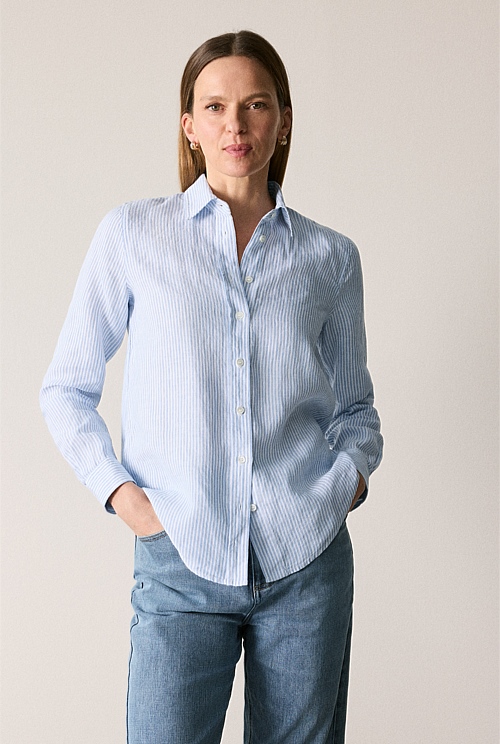 Periwinkle Blue Yarn Dyed Linen Stripe Classic Shirt - WOMEN Shirts ...