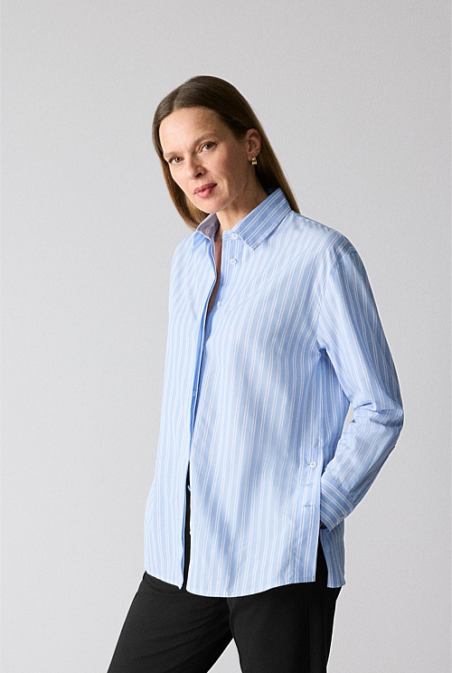 Periwinkle Blue Stripe Side Button Detail Shirt - WOMEN Shirts | Trenery