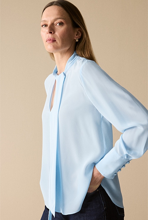 Periwinkle Blue Silk Bow Blouse - WOMEN Shirts | Trenery