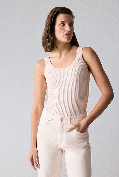 Soft Pink Cotton Cashmere Blend Rib Knit Tank - WOMEN T-Shirts & Tops ...