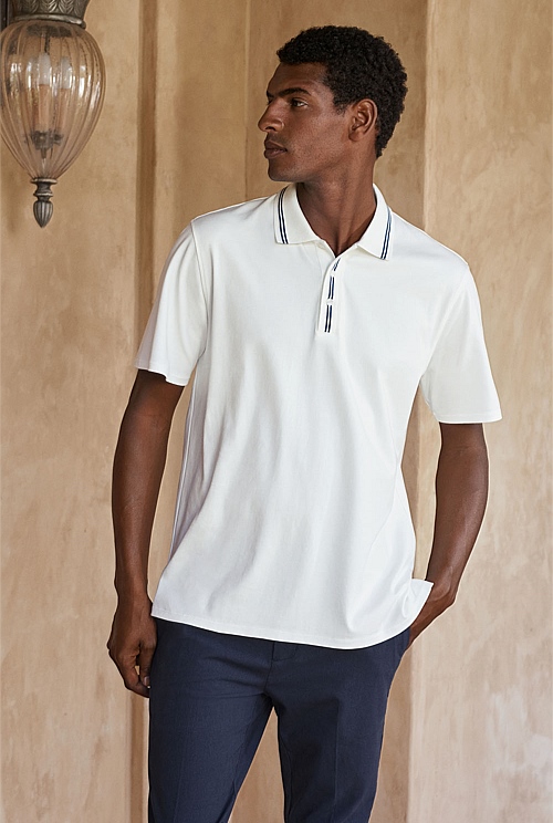 White Cotton Interlock Contrast Trim Polo - MEN T-Shirts | Trenery