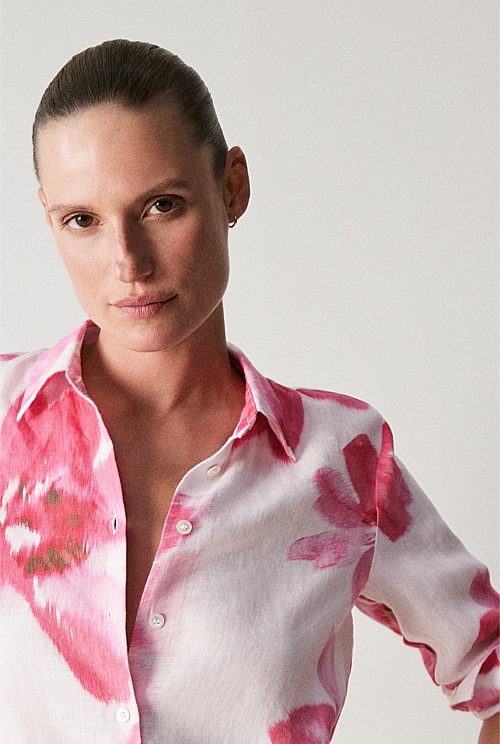 Vivid Pink Linen Floral Shirt - WOMEN Shirts | Trenery