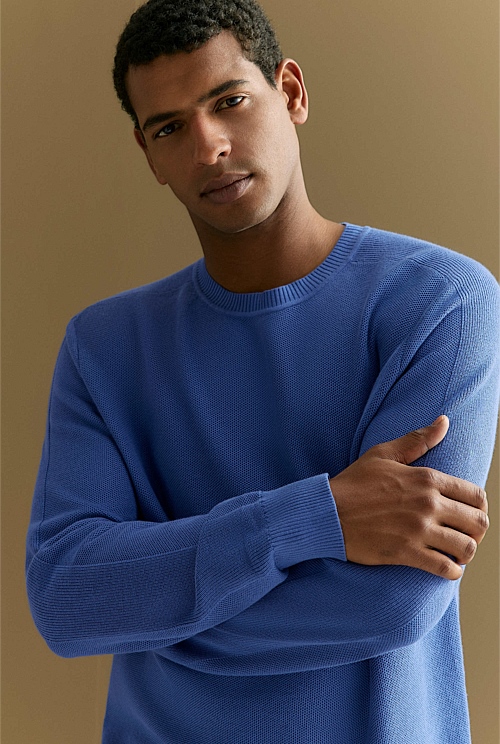 Bright Blue Australian Cotton Textured Knit Crew - MEN Knitwear | Trenery