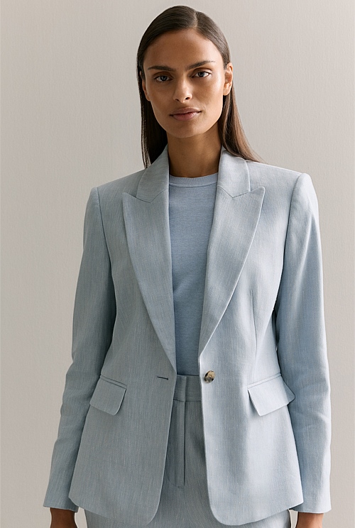 Pale Blue Linen Cotton Yarn Dyed Herringbone Blazer - WOMEN Blazers ...