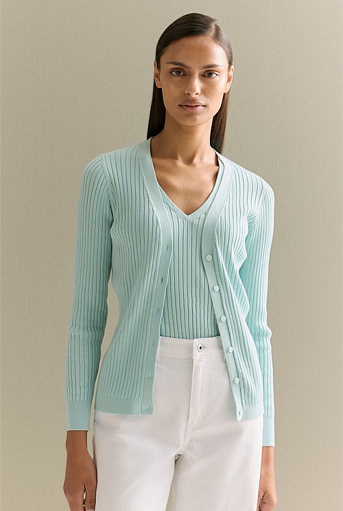 Pale Seafoam Mercerised Rib V Neck Cardigan - WOMEN Knitwear | Trenery