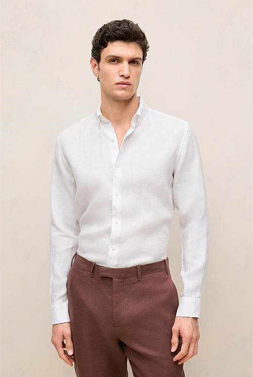 White Tailored Fit Linen Long Sleeve Shirt - MEN Linen Shirts | Trenery
