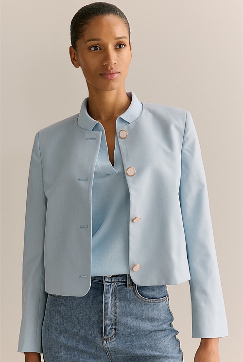 Powder Blue Wool Cotton Twill Cropped Jacket - WOMEN Outerwear | Trenery