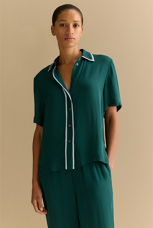 Teal Green Viscose Crepe Piping Shirt - WOMEN Shirts | Trenery