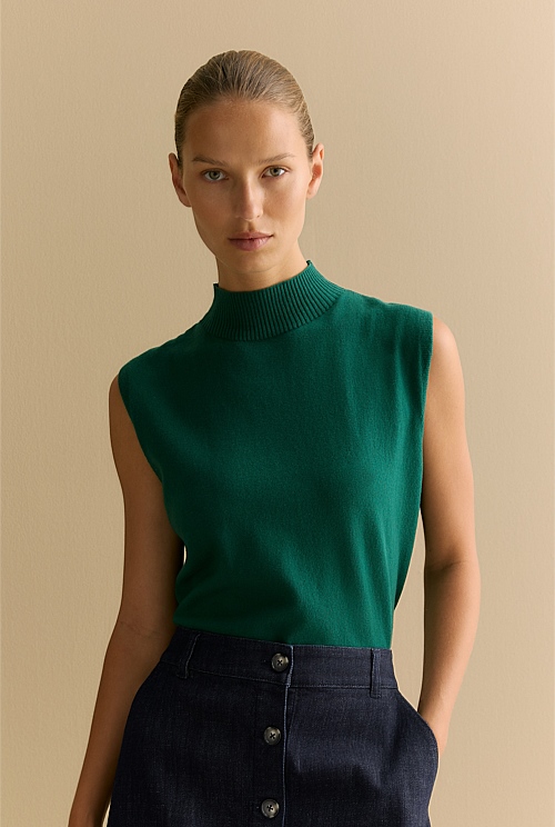 Emerald Cotton Cashmere Mock Neck Sleeveless Knit - WOMEN T-Shirts ...