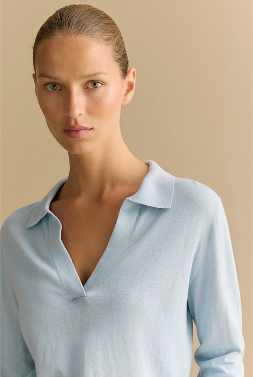 Powder Blue Cotton Cashmere Relaxed Knit Polo - WOMEN Knitwear | Trenery