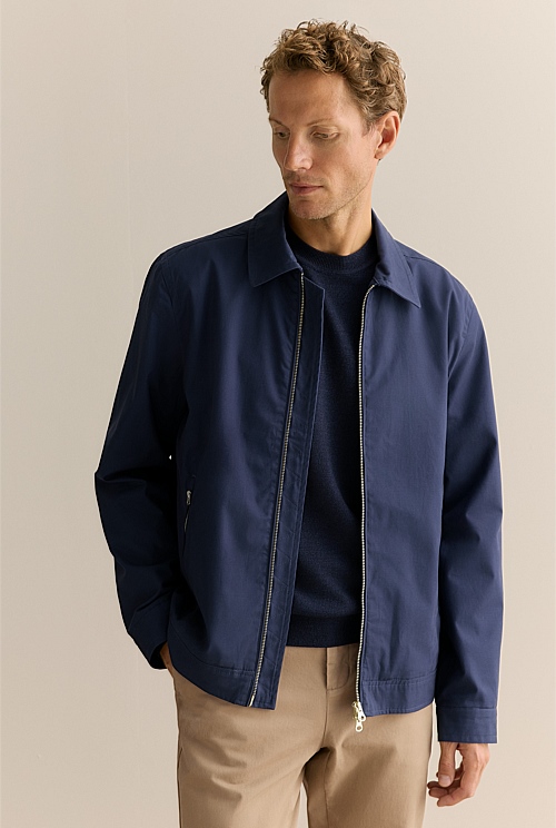 Strong Blue Cotton Harrington Jacket - MEN Outerwear | Trenery