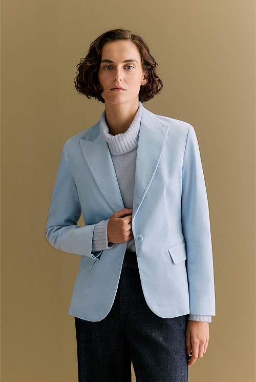 Powder Blue Stretch Velvet Blazer - WOMEN Blazers | Trenery
