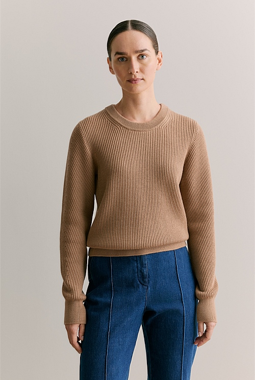 Dark Camel Merino Rib Pointelle Crew - WOMEN Knitwear | Trenery