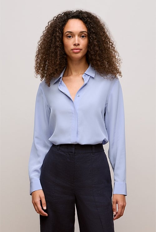 Dove Blue Silk Concealed Placket Shirt - WOMEN Shirts | Trenery