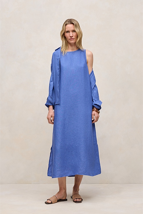Vivid Blue Delave Linen Sleeveless Column Dress - WOMEN Dresses | Trenery