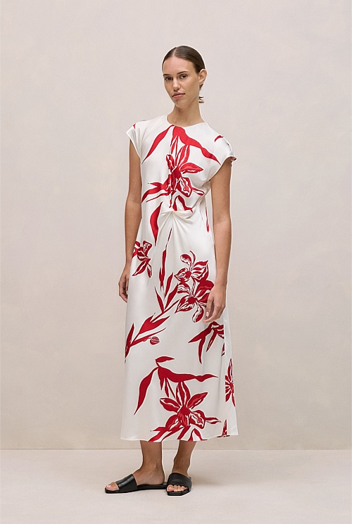 White Wild Iris Twist Front Column Dress - WOMEN Dresses | Trenery