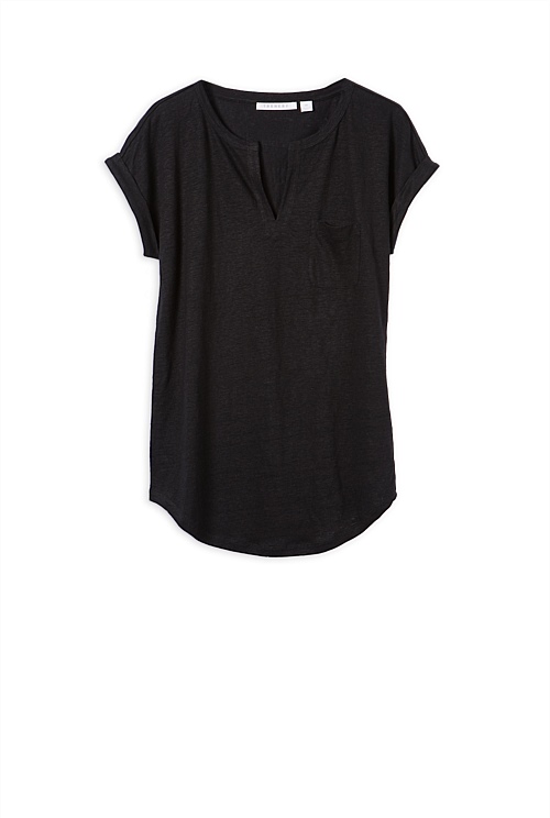 Black Open Neck Linen T-Shirt - WOMEN T-Shirts & Tops | Trenery
