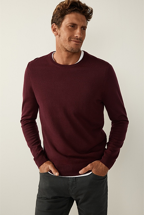 Plum Merino Wool Crew Neck Knit - MEN Knitwear | Trenery