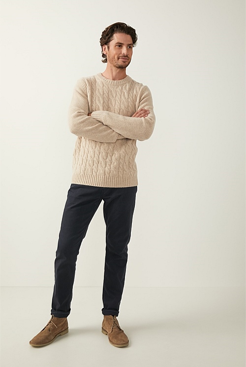 Pale Camel Crew Neck Cable Merino Knit - MEN Knitwear | Trenery