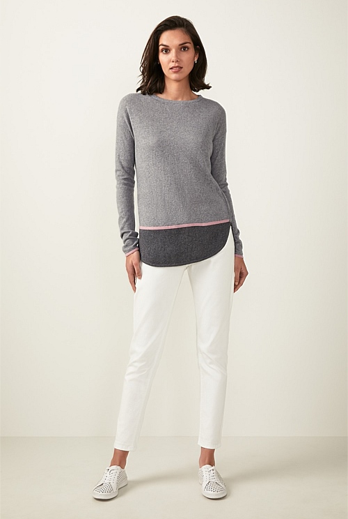 Light Grey Melange Colourblock Curved Hem Merino Zip Knit - WOMEN ...
