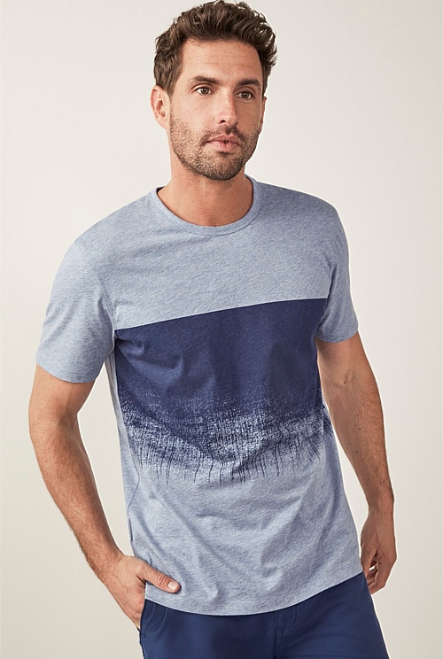 Light Blue Melange Lattice Print Graphic T-Shirt - MEN T-Shirts | Trenery