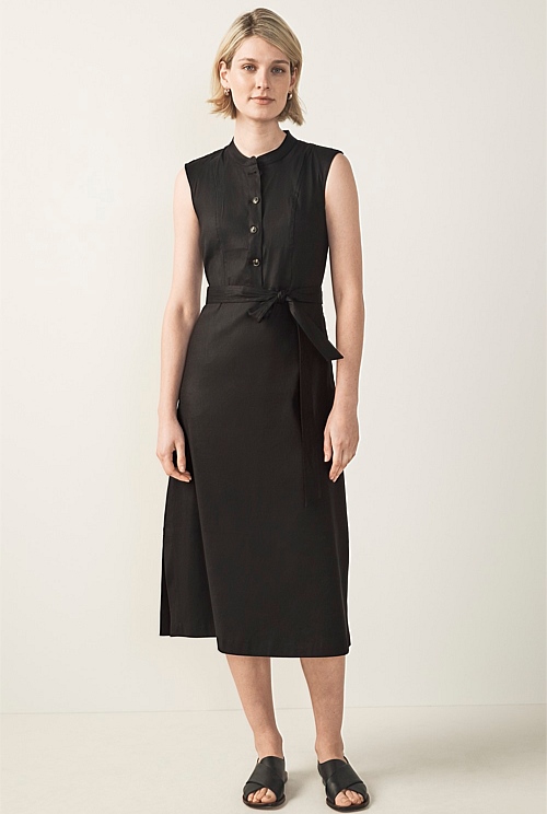 Black Stretch Linen Half Placket Dress - WOMEN Dresses | Trenery