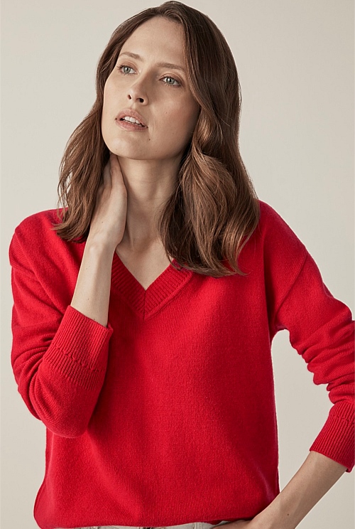 Mid Red Wool Zip Detail V-Neck - WOMEN Knitwear | Trenery