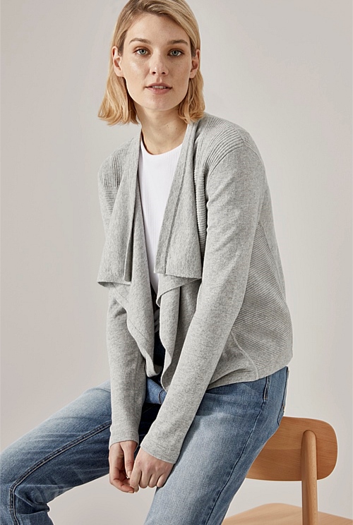 Light Grey Marle Cotton Wool Waterfall Cardigan - WOMEN Knitwear | Trenery