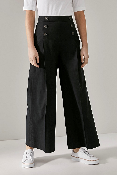 Black Button Detail Wide Leg Pant - WOMEN Pants | Trenery