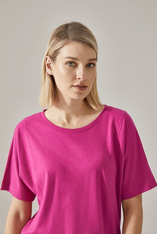 Raspberry Pink Linen Cotton Relax Wedge T-Shirt - WOMEN T-Shirts & Tops ...