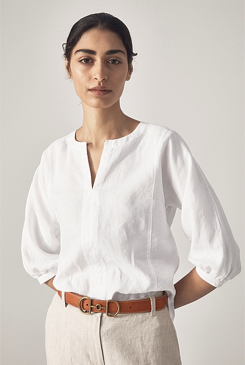 White Linen Vent Neck Top - WOMEN Shirts | Trenery