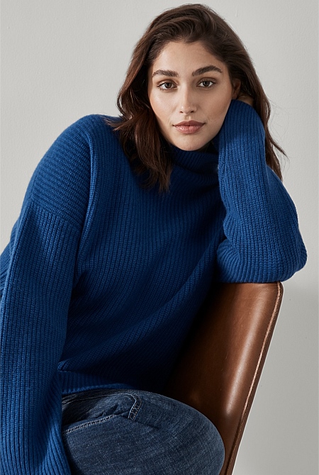 Venice Blue Merino Cashmere Rib Mock Neck Knit - WOMEN Knitwear | Trenery