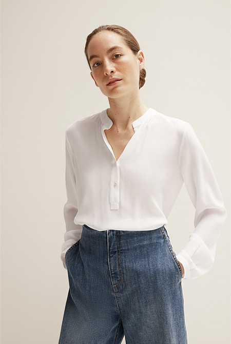 White Silk Half Placket Blouse - WOMEN Shirts | Trenery