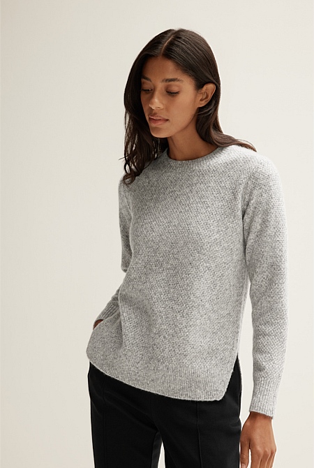 Light Grey Melange Crew Neck Stitch Knit - WOMEN Knitwear | Trenery