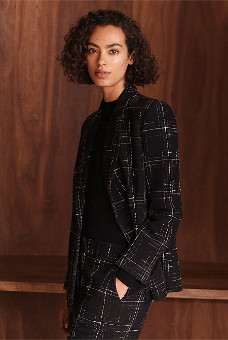 Black Window Pane Check Italian Tweed Blazer - WOMEN Outerwear | Trenery